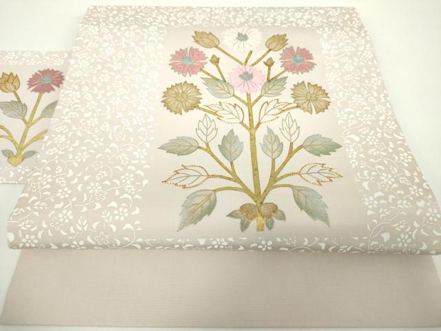 平和屋着物●塩瀬　九寸名古屋帯　駒刺繍　更紗花文　金彩　正絹　逸品　未使用　DAAX4794ps