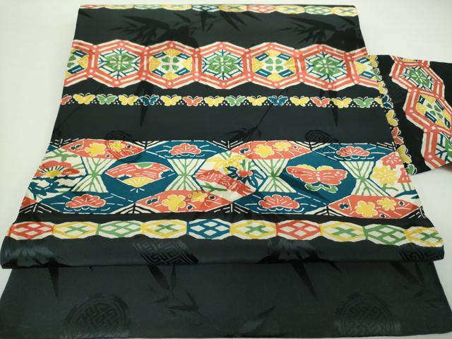 平和屋着物●九寸名古屋帯　型染　花鳥文　黒地　正絹　逸品　未使用　DAAX4797ps