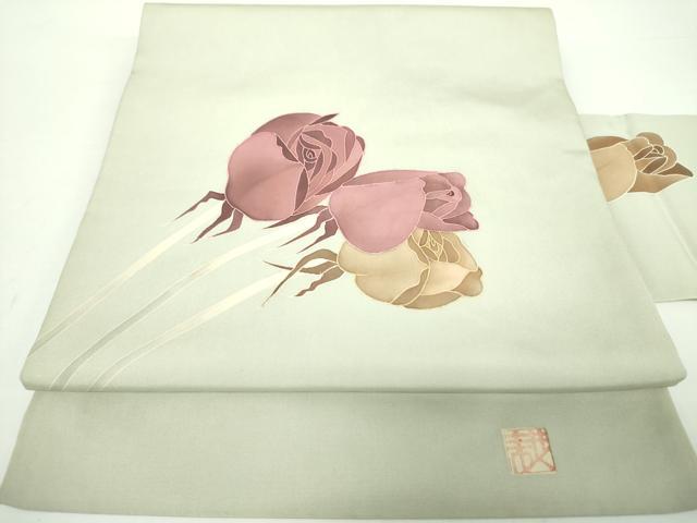 平和屋着物●塩瀬　九寸名古屋帯　作家物　草花文　正絹　逸品　DAAX4799ps