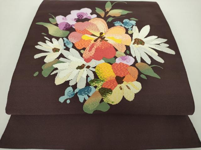 平和屋着物●爪掻き本綴れ　八寸名古屋帯　草花文　正絹　逸品　DAAX4807ps