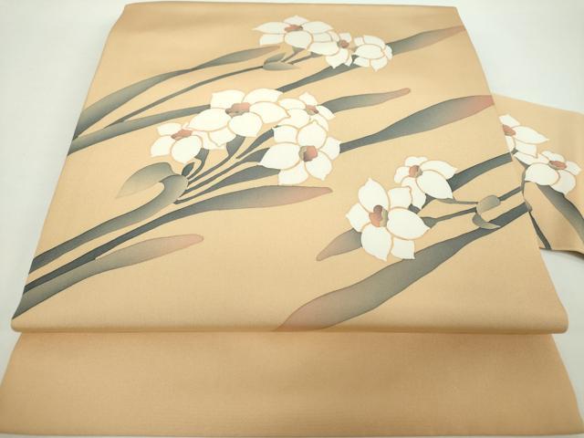 平和屋着物●塩瀬　九寸名古屋帯　草花文　正絹　逸品　DAAX4813ps