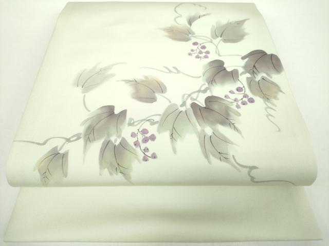 平和屋着物●塩瀬　九寸名古屋帯　作家物　手描き　葡萄蔦の葉文　正絹　逸品　未使用　DAAX4818ps
