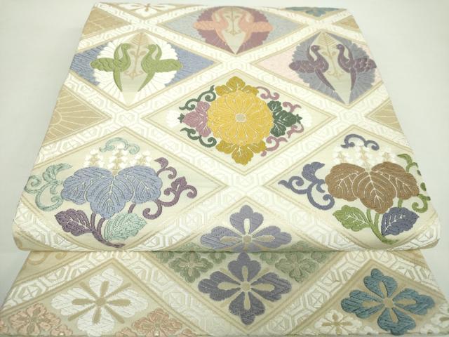 平和屋着物●全通柄袋帯　唐織　双鶴菱花文　金糸　正絹　逸品　DAAX4842ps