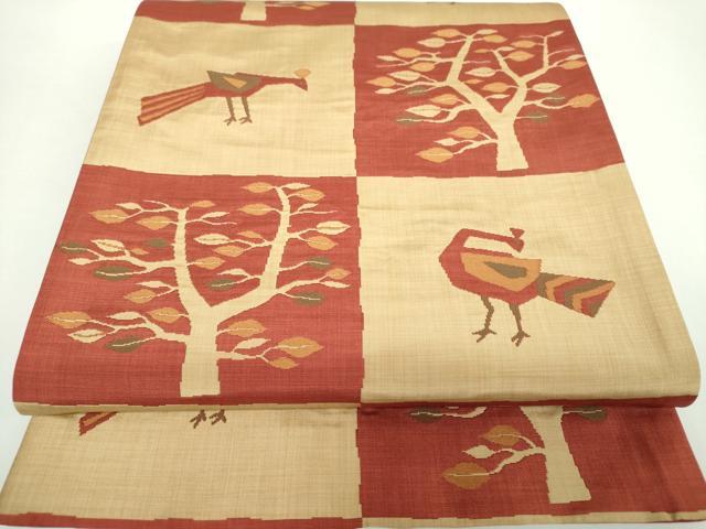 平和屋着物●名門木屋太　今河織物　六通柄袋帯　市松枝葉鳥文　正絹　逸品　DAAX4846ps