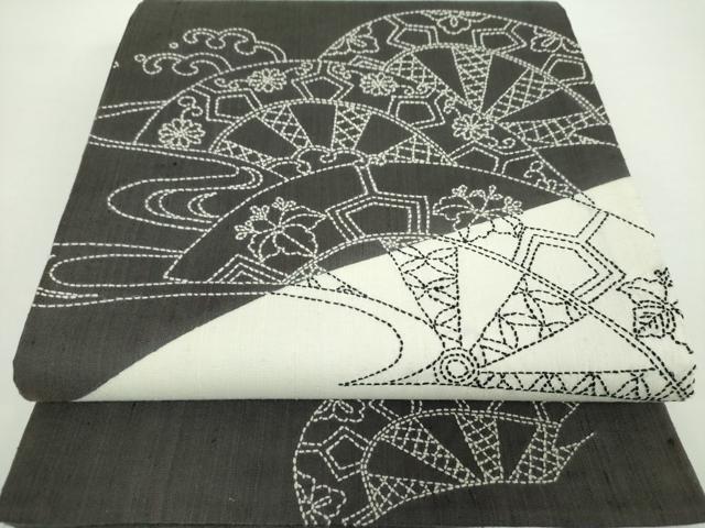 平和屋着物●六通柄袋帯　紬地　刺し子　総刺繍　立波片輪車花文　正絹　逸品　DAAX4868ps