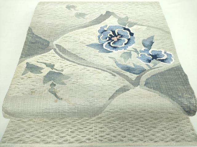 平和屋着物▽太鼓柄袋帯　スリーシーズン帯　春　夏　秋　すくい織　千鳥　草花文　銀糸　正絹　逸品　DAAX4871ps