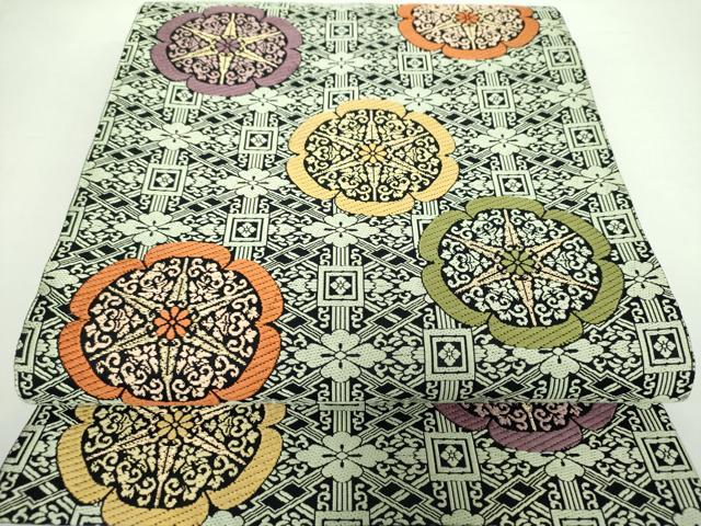 平和屋着物●六通柄袋帯　手織錦幽谷織　花丸文　黒地　金糸　正絹　逸品　DAAX4879ps