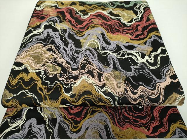 平和屋着物●六通柄袋帯　唐織　波霞　黒地　金糸　正絹　逸品　DAAX4897ps