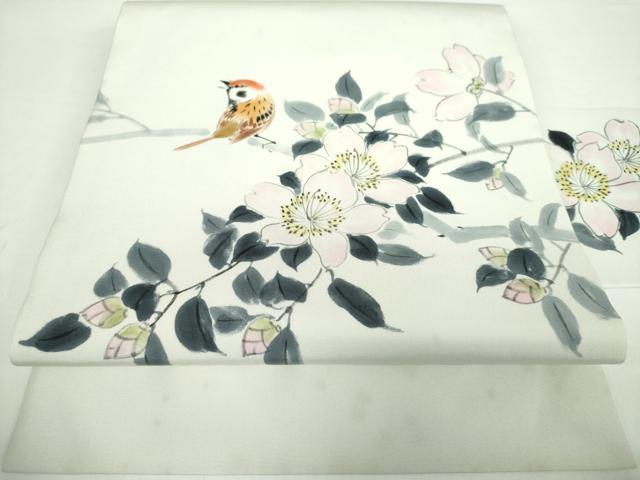 平和屋着物●塩瀬　九寸名古屋帯　作家物　手描き　雀　枝花文　正絹　逸品　DAAX4911ps