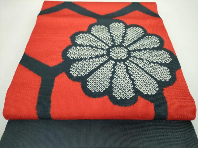 平和屋着物●九寸開き名古屋帯　絞り　亀甲菊文　　正絹　逸品　DAAX4913ps