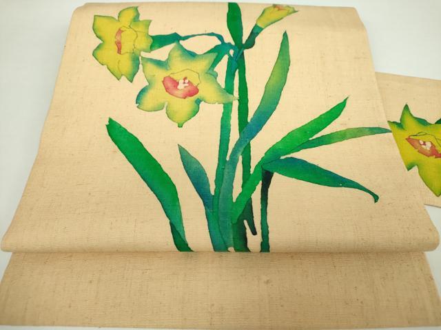 平和屋着物●九寸名古屋帯　紬地　手描き　いわす　水仙　正絹　逸品　DAAX4928ps