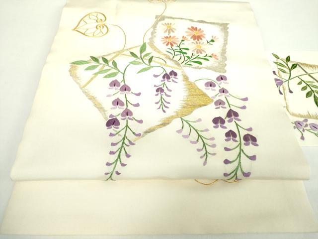 平和屋着物●塩瀬　九寸名古屋帯　駒刺繍　総刺繍　色紙重ね花文　金銀糸　正絹　逸品　DAAX4932ps