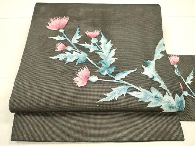 平和屋着物＊夏物　九寸名古屋帯　草花文　黒地　銀糸　正絹　逸品　DAAX5529cm