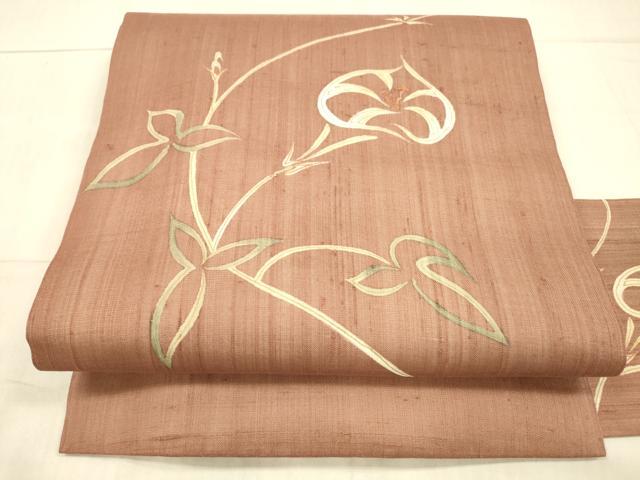 平和屋着物＊夏物　九寸名古屋帯　紬地　草花文　正絹　逸品　DAAX5533cm