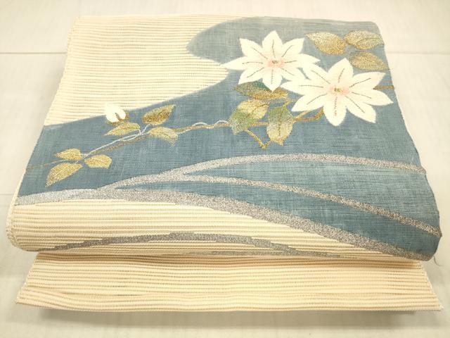 平和屋着物＊夏物　絽綴れ　八寸名古屋帯　枝花文　金銀糸　正絹　逸品　DAAX5547cm