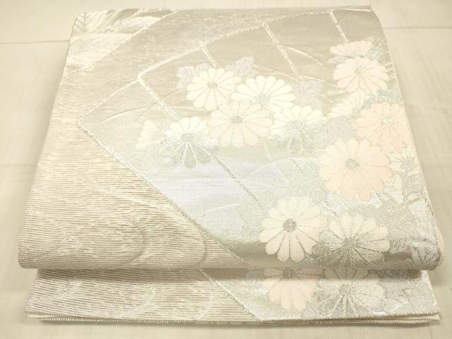 平和屋着物＊夏物　六通柄袋帯　流水扇面草花文　銀糸　正絹　逸品　DAAX5591cm