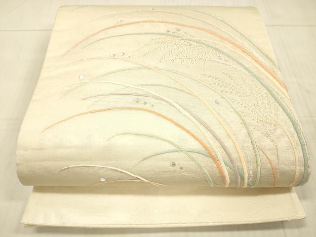 平和屋着物＊夏物　太鼓柄袋帯　刺繍　露草文　金銀糸　正絹　逸品　DAAX5595cm