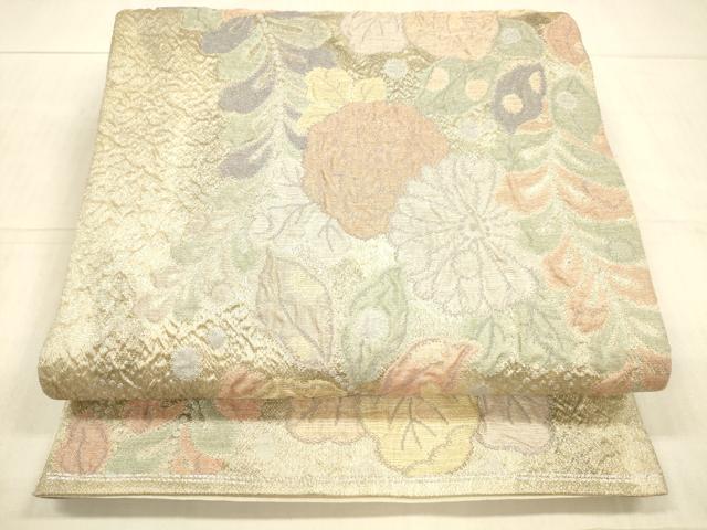 平和屋着物●六通柄袋帯　ふくれ織　草花文　銀糸　正絹　逸品　DAAX5624cm