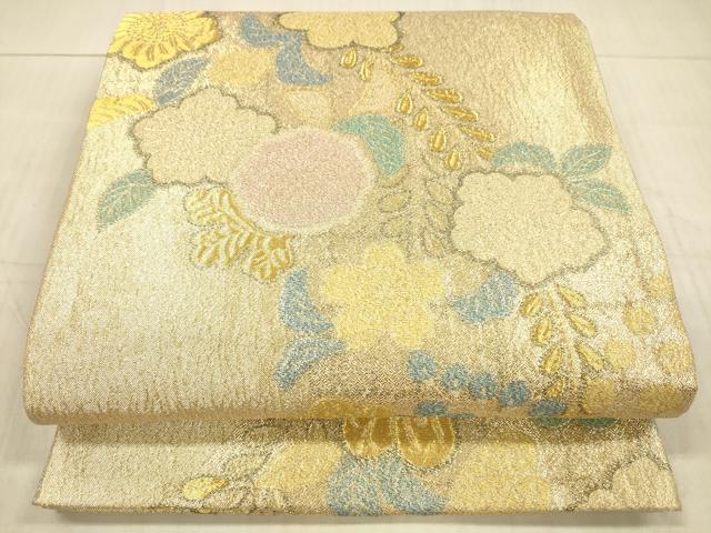 平和屋着物●両面　六通柄袋帯　ふくれ織　草花文　鹿の子草花文　金銀糸　正絹　逸品　DAAX5625cm