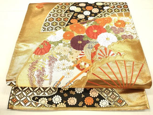 平和屋着物●西陣　河合美術織物謹製　六通柄袋帯　唐織　扇面草花文　金糸　正絹　逸品　DAAX5628cm