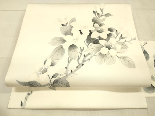 平和屋着物●塩瀬　九寸名古屋帯　作家物　手描き　枝花文　正絹　逸品　DAAX5633cm