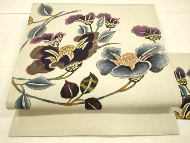 平和屋着物●九寸名古屋帯　手描き　草花文　正絹　逸品　DAAX5641cm