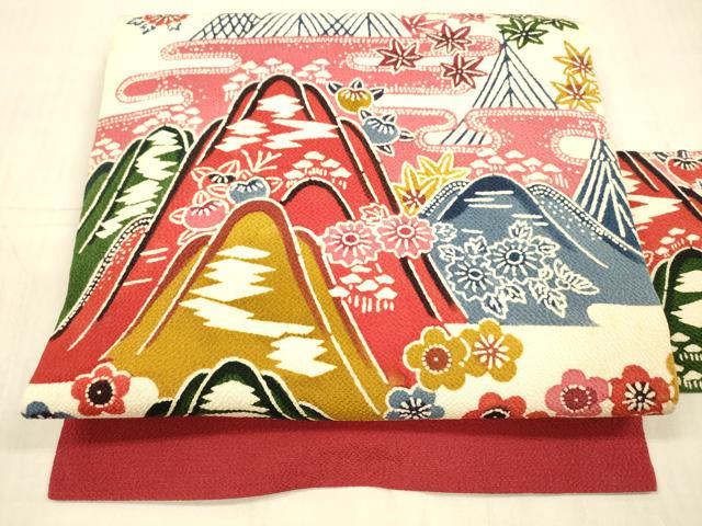 平和屋着物●九寸名古屋帯　型染　遠山草花文　鬼しぼ縮緬　正絹　逸品　DAAX5643cm