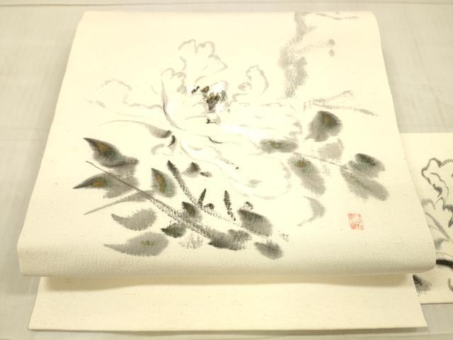 平和屋着物●九寸名古屋帯　作家物　手描き　紬地　草花文　金彩　正絹　逸品　DAAX5644cm