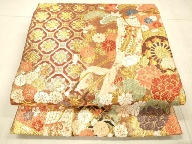 平和屋着物●佐賀錦　六通柄袋帯　唐織　御所車花松文　金糸　正絹　逸品　DAAX5654cm