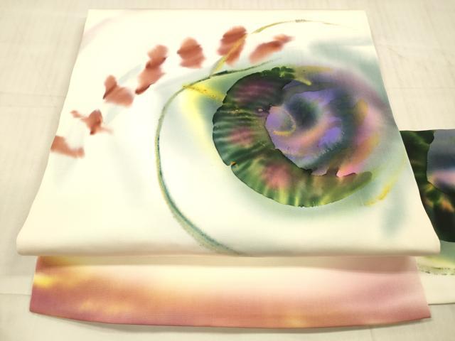 平和屋着物●虹色創家　本郷大田子　塩瀬　九寸名古屋帯　手描き　草花文　正絹　逸品　DAAX5655cm