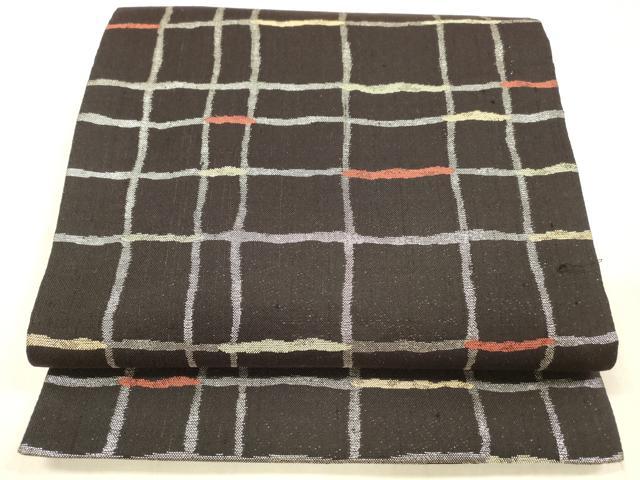 平和屋着物●六通柄袋帯　真綿紬　格子　黒地　銀糸　正絹　逸品　DAAX5665cm