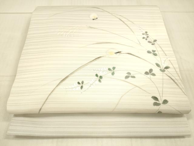 平和屋着物＊夏物　変わり絽塩瀬　九寸開き名古屋帯　手描き　草葉文　蛍　銀彩　正絹　逸品　DAAX5675cm