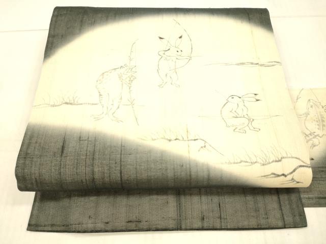 平和屋着物＊夏物　絹芭蕉　九寸名古屋帯　手描き　鳥獣戯画　黒地　正絹　逸品　DAAX5676cm