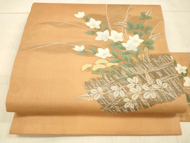 平和屋着物＊夏物　九寸名古屋帯　籬草花文　銀糸　正絹　逸品　DAAX5684cm
