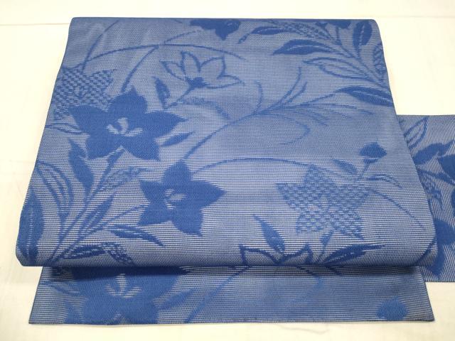 平和屋着物＊夏物　九寸名古屋帯　草花文　紺色　正絹　逸品　DAAX5735cm