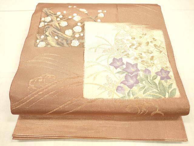 平和屋着物●太鼓柄袋帯　流水草花文　金糸　正絹　逸品　DAAX5756cm