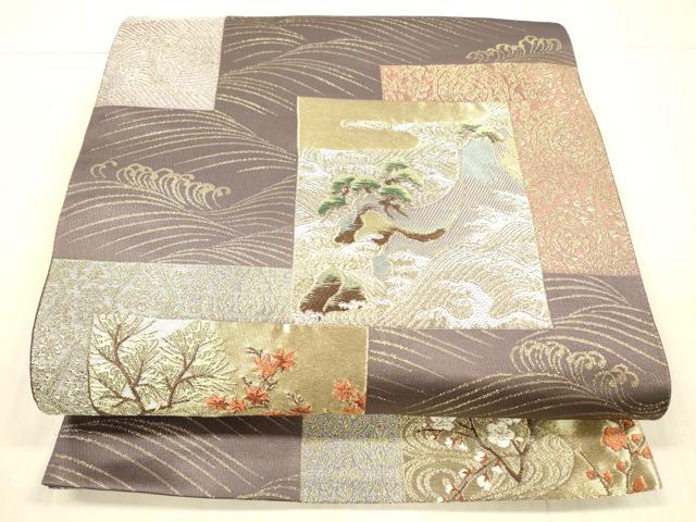 平和屋着物●六通柄袋帯　風景流水枝花文　金糸　正絹　逸品　DAAX5757cm