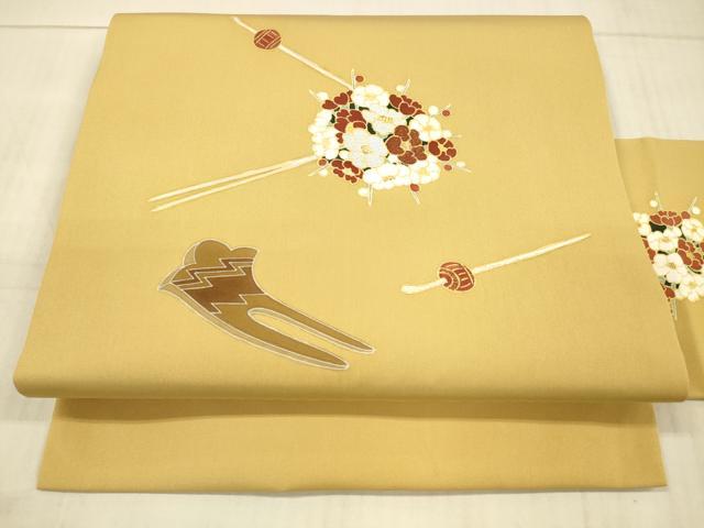 平和屋着物●塩瀬　九寸名古屋帯　駒刺繍　花簪　金糸　正絹　逸品　DAAX5765cm