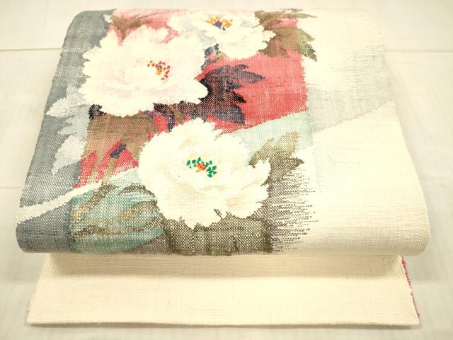 平和屋着物●西陣　老舗　渡文謹製　手織　真綿紬　八寸名古屋帯　紬地　草花文　証紙付き　正絹　逸品　DAAX5768cm