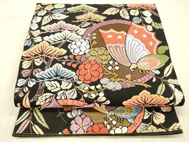 平和屋着物●六通柄袋帯　唐織　花蝶松文　黒地　金銀糸　正絹　逸品　DAAX5819cm