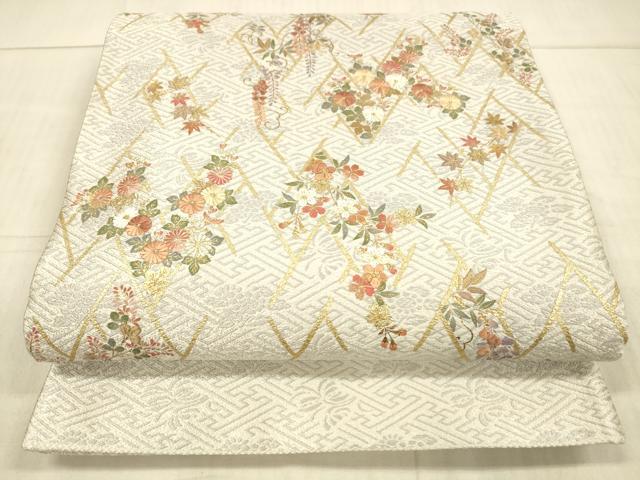 平和屋着物●太鼓柄袋帯　刺繍　草花文　金彩　正絹　逸品　DAAX5822cm