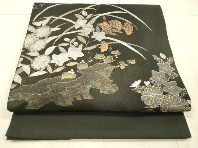 平和屋着物●塩瀬　九寸開き名古屋帯　草花文　黒地　金銀糸　正絹　逸品　DAAX5823cm