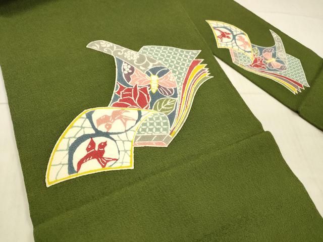 平和屋着物●九寸名古屋帯　型染　冊子向かい鳥花蝶文　鬼しぼ縮緬　正絹　逸品　DAAX5824cm 平和屋着物○九寸名古屋帯 型染 冊子向かい鳥花蝶文