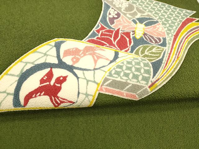 平和屋着物○九寸名古屋帯 型染 冊子向かい鳥花蝶文