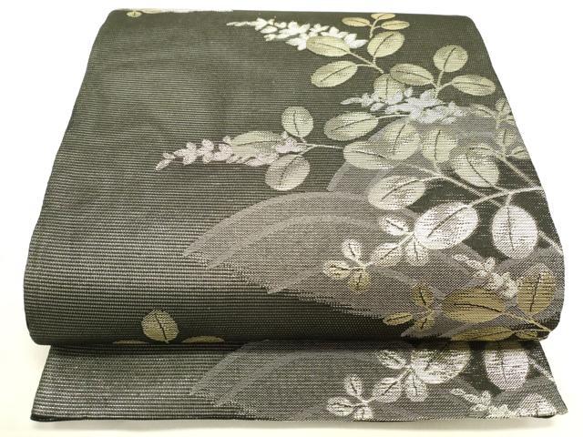 平和屋着物＊夏物　六通柄袋帯　流水草葉文　黒地　金銀糸　正絹　逸品　DAAX5910cm