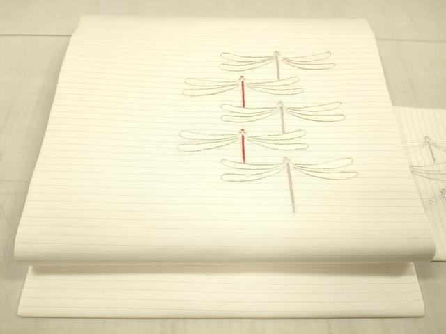 平和屋着物＊夏物　絽塩瀬　九寸名古屋帯　駒刺繍　総刺繍　蜻蛉　正絹　逸品　DAAX5926cm