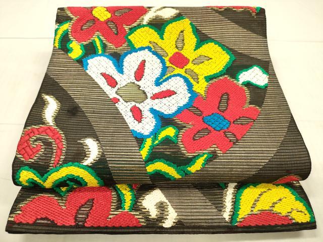 平和屋着物＊夏物　アンティーク　大正ロマン　六通柄袋帯　唐織　花唐草文　黒地　金糸　正絹　逸品　DAAX5931cm