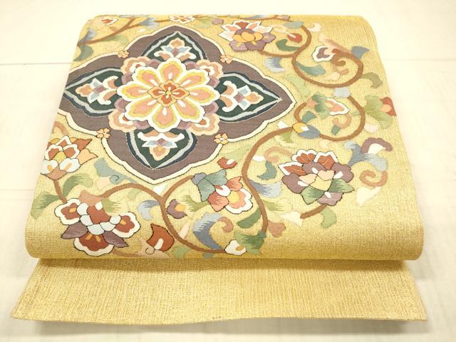 平和屋着物＊夏物　明綴れ　太鼓柄袋帯　花唐草文　金糸　正絹　逸品　DAAX5949cm