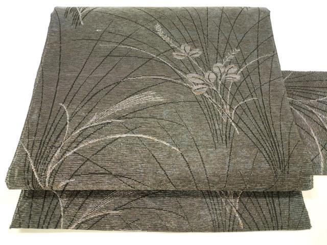 平和屋着物＊夏物　西陣の名門織元　いづくら謹製　八寸名古屋帯　草葉文　黒地　銀糸　DAAX5953cm