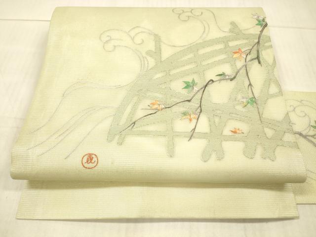平和屋着物＊夏物　九寸名古屋帯　作家物　刺繍　流水籬草葉文　銀糸　正絹　逸品　DAAX5959cm